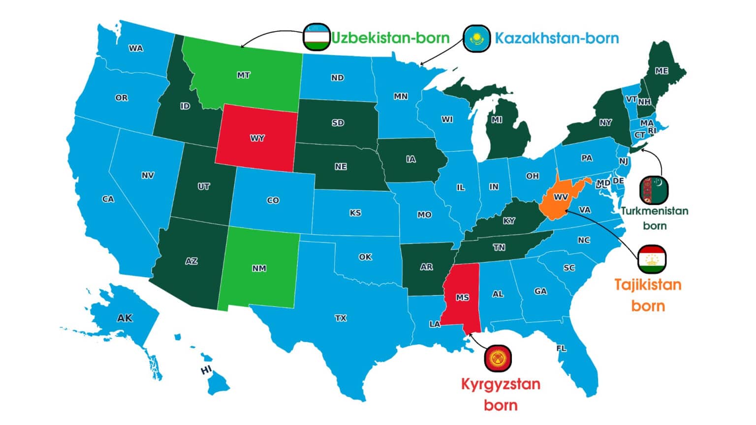 Visualization of where Central Asians are settling in U.S.